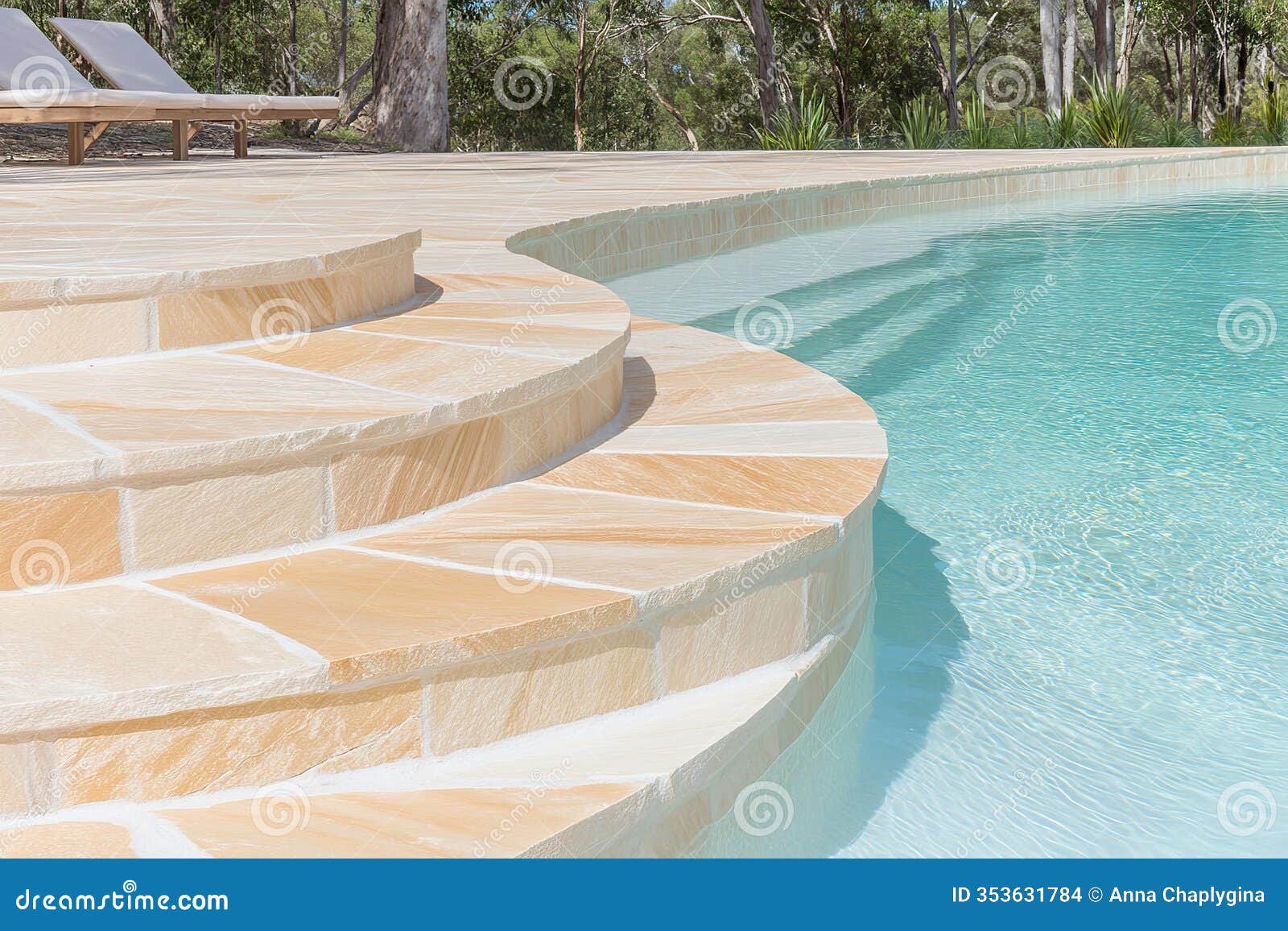 Curved Stone Pool Steps in Sunny Outdoor Setting by Trees Stock Photo ...