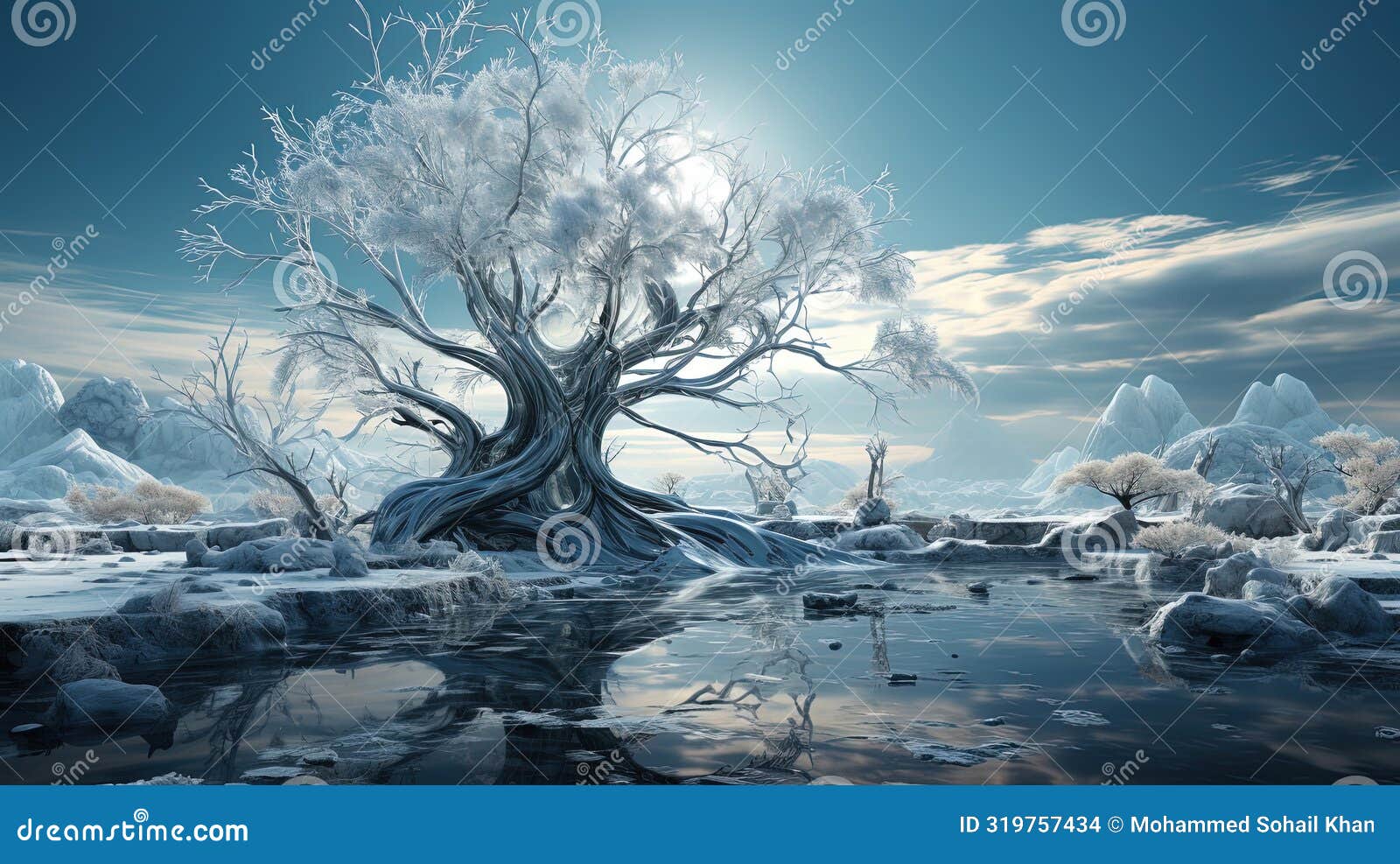 Curved Tree Coved in Ice Dripping Down Winter Landscape on Blurry ...