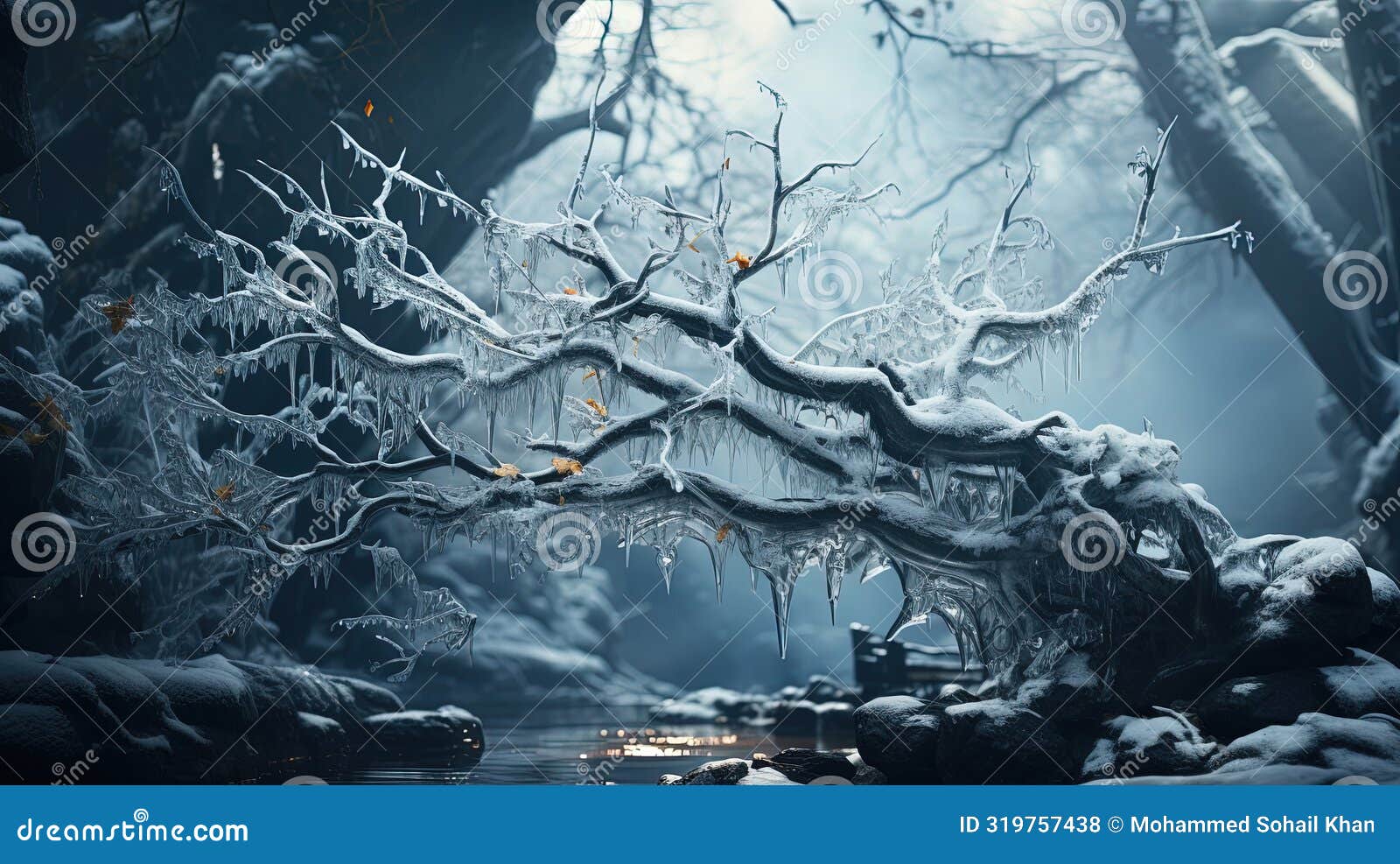 Curved Tree Coved in Ice Dripping Down Winter Landscape on Blurry ...