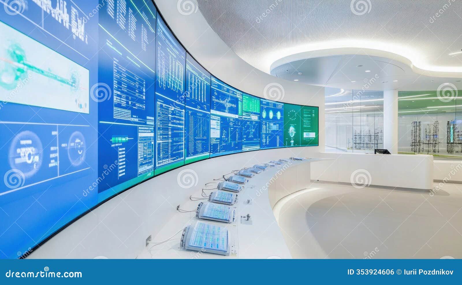 Curved Wall Displaying Various Data and Statistics in a Modern Control ...