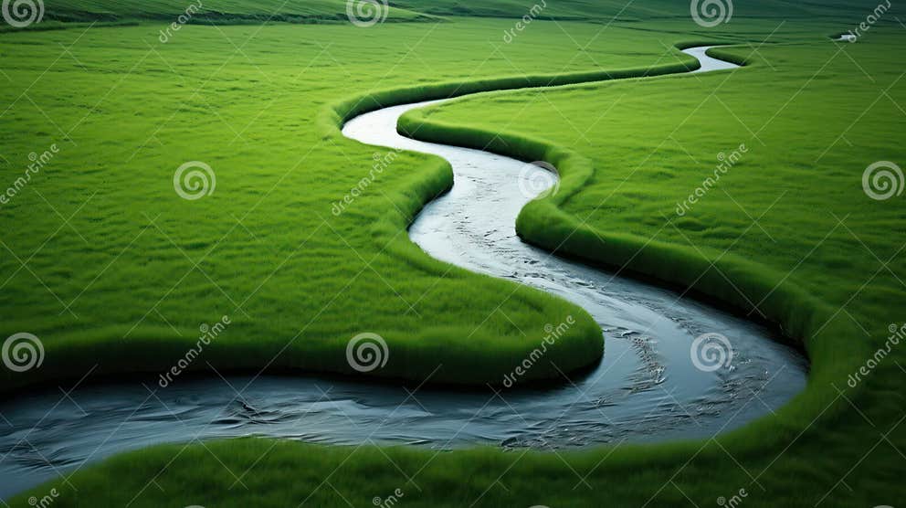 Curving River Around a Green Patch of Grass AI Generated Stock Photo ...