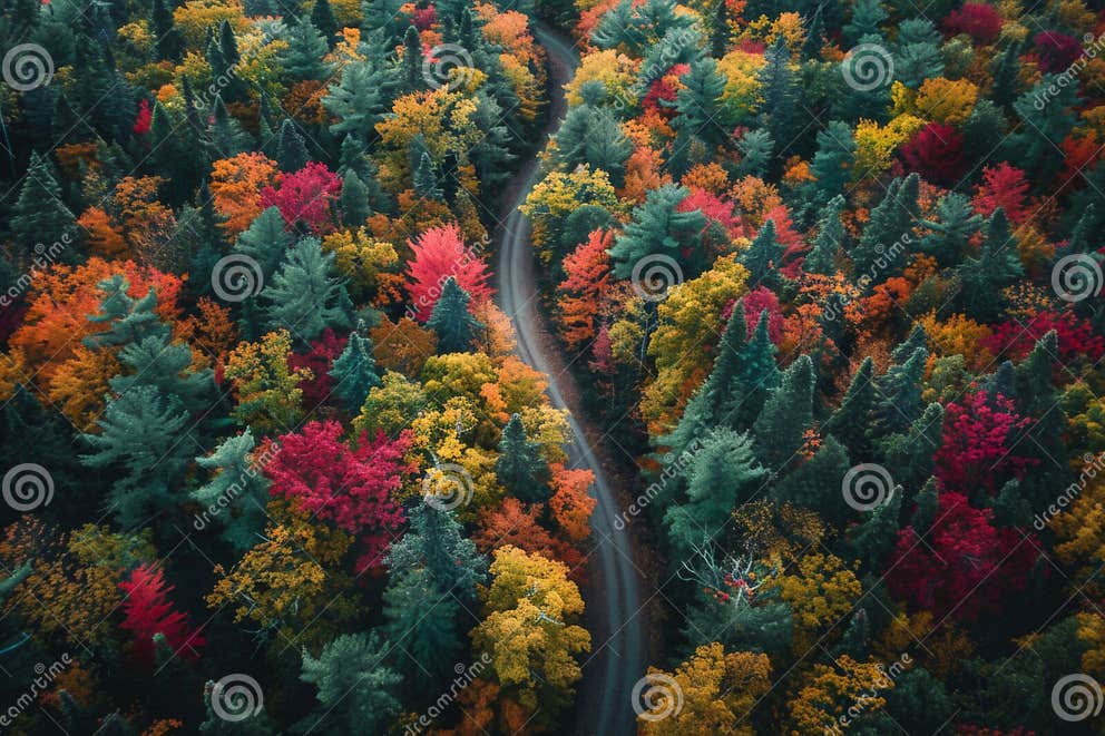 Curving Road Amidst Fall Foliage in Forest Stock Illustration ...