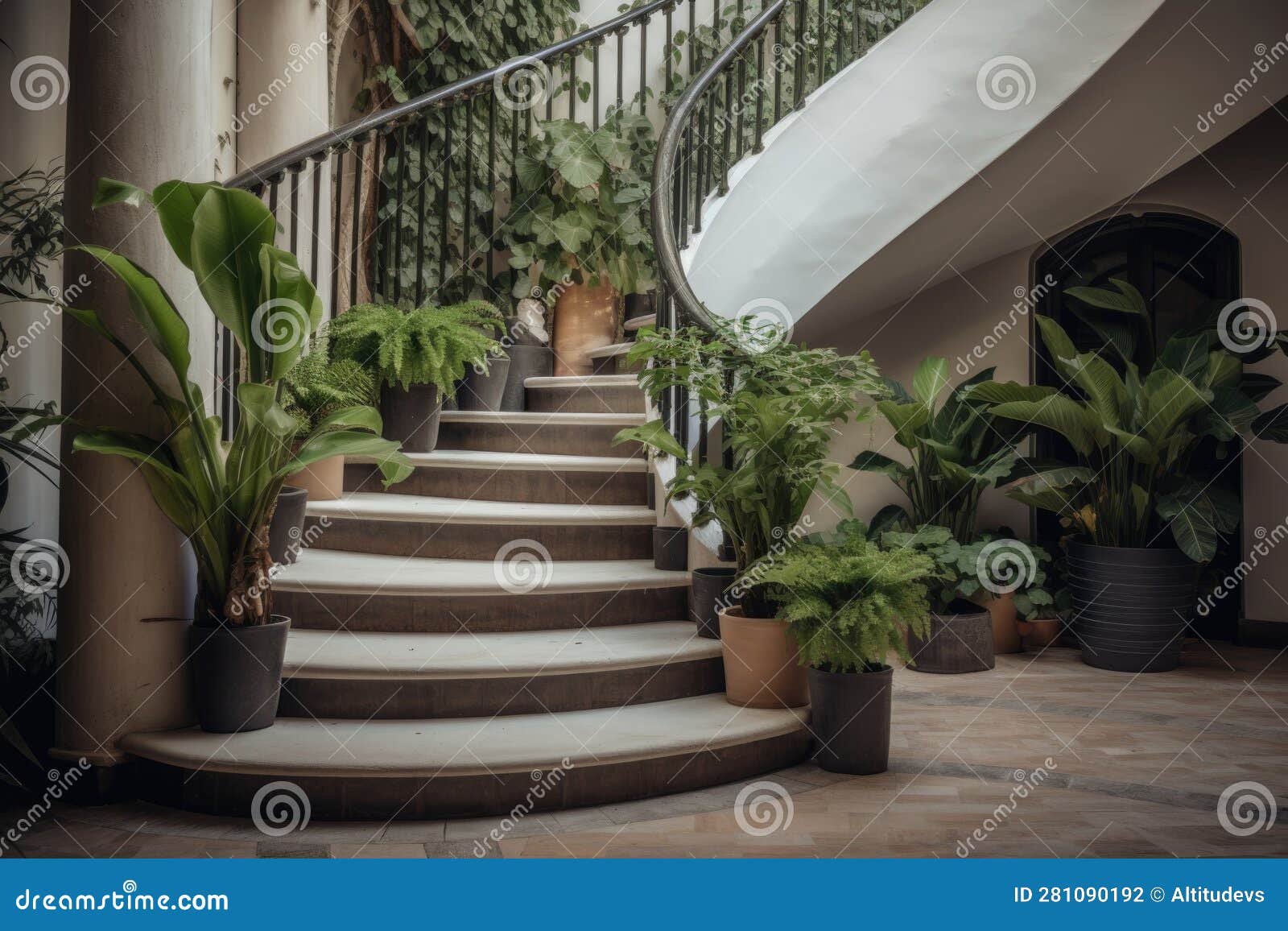 Curving Staircase, with Potted Plants and Greenery on Each Step Stock ...