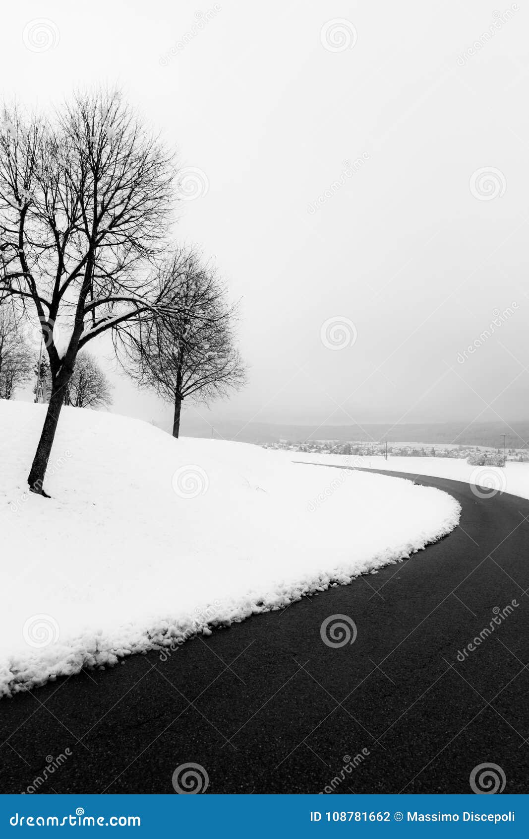 A Curvy Road in the Midst of Snow, with Trees at the Side Stock Photo ...