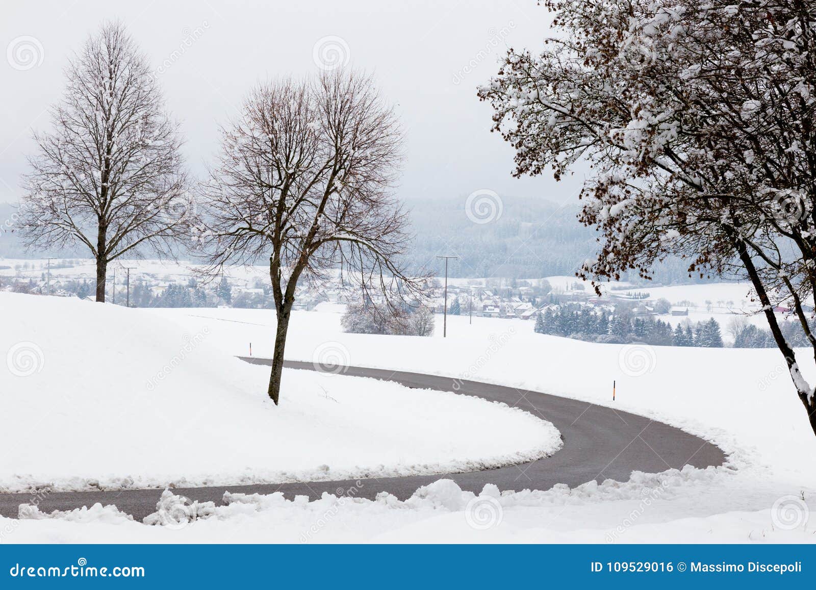 A Curvy Road in the Midst of Snow, with Trees at the Side Stock Photo ...