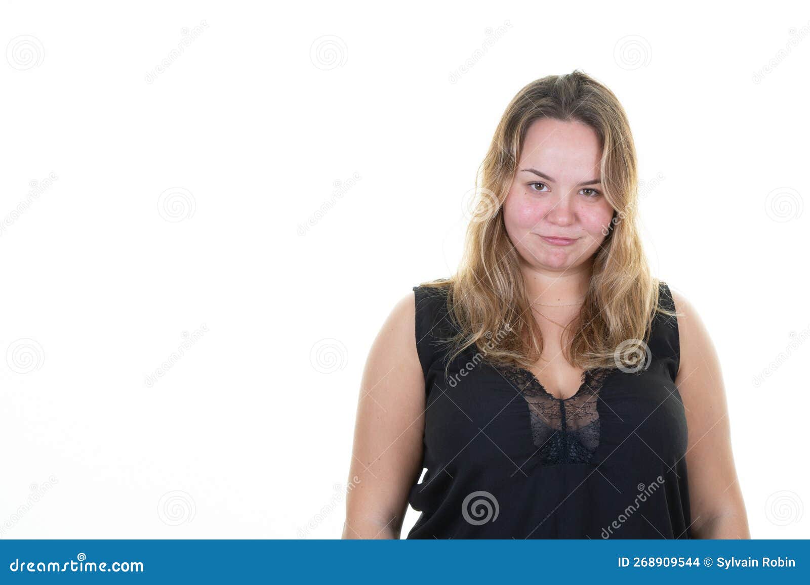 Curvy Woman Sad Surprised on White Background Copy Space Stock Photo ...