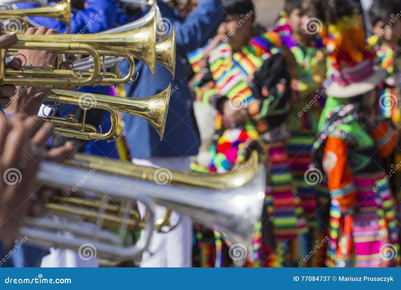 CUSCO - PERU - JUNE 06, 2016 Unknown Musicians of a Brass Band O ...
