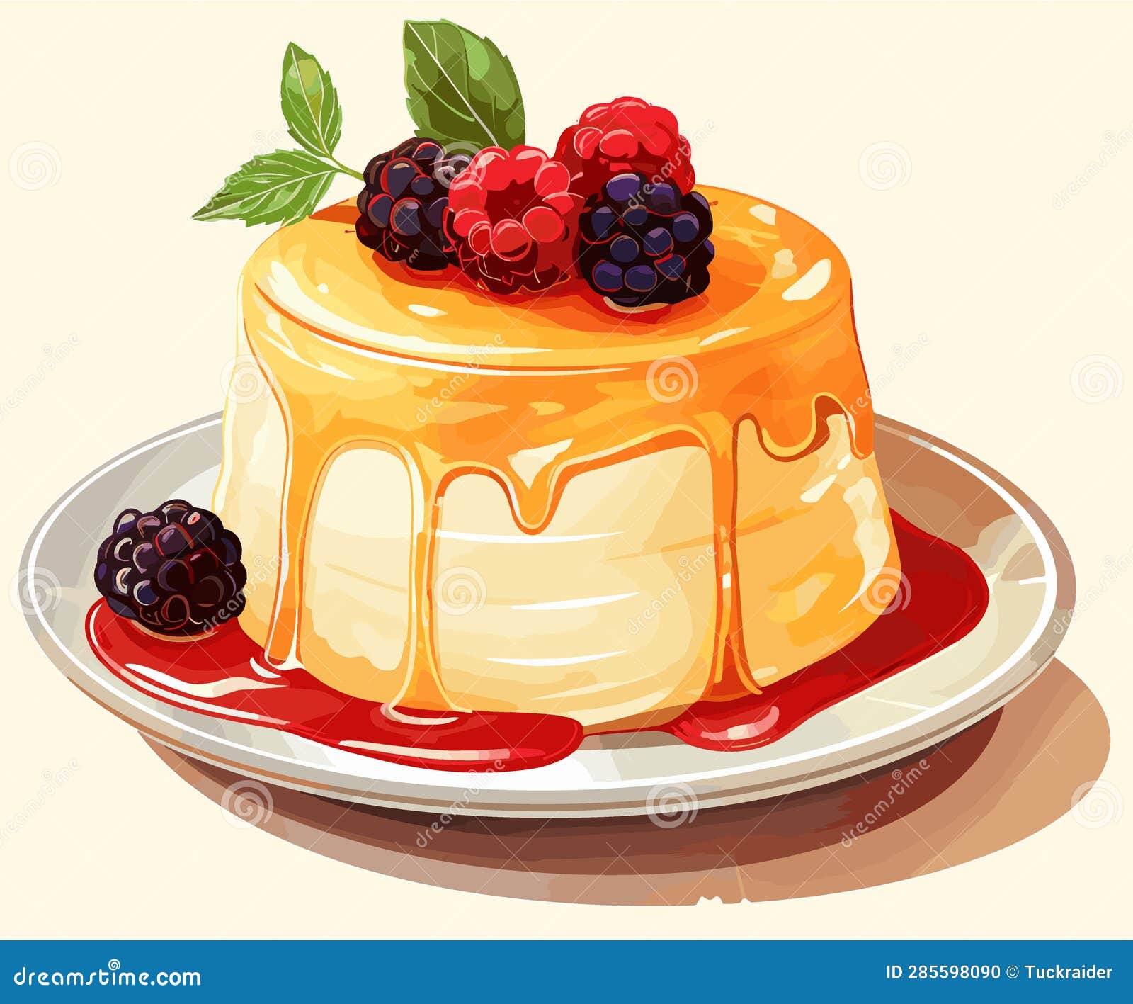 Custard Pudding with Caramel and Raspberry in Watercolor Drawing Style ...