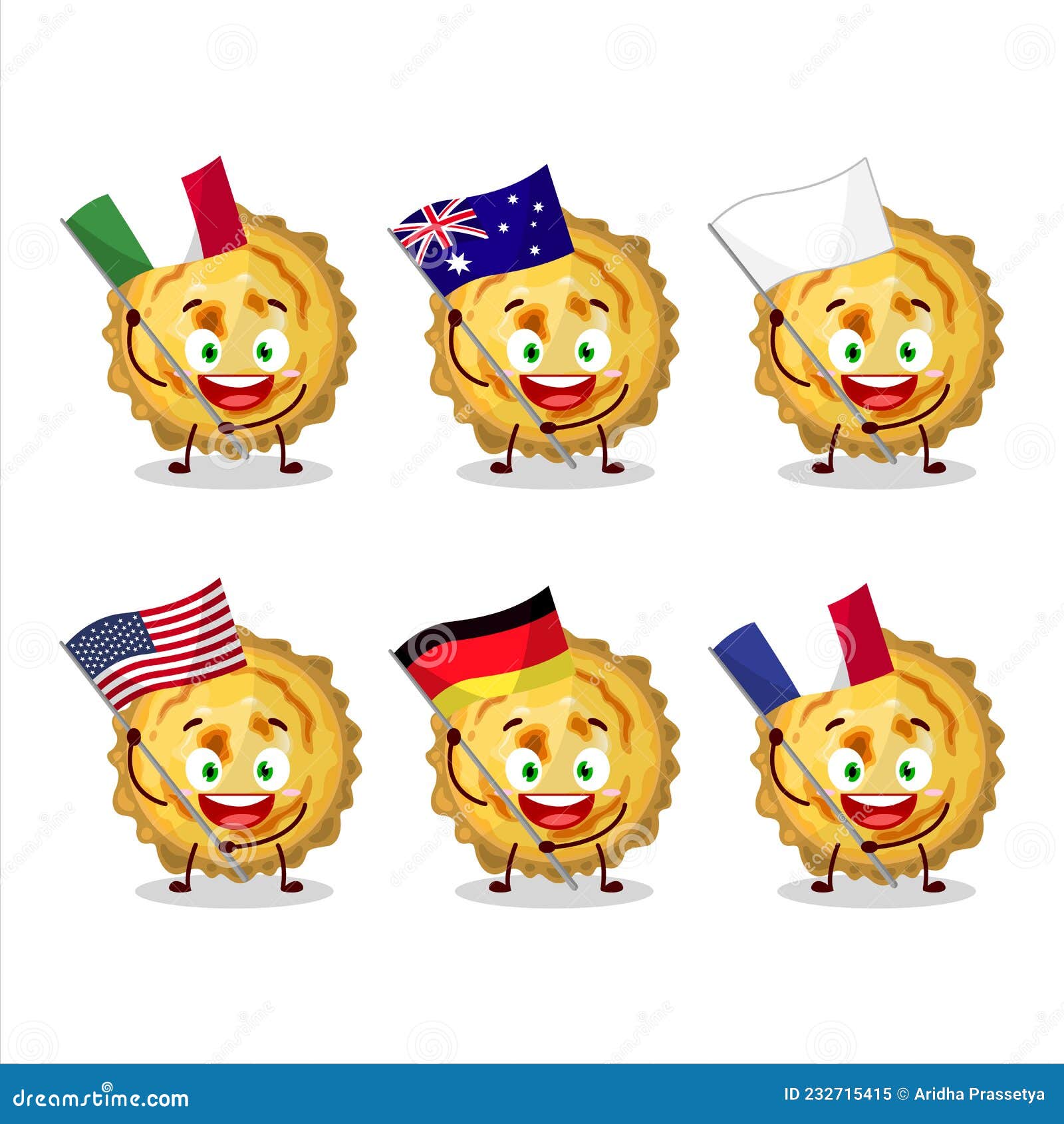 Custard Tart Cartoon Character Bring the Flags of Various Countries ...