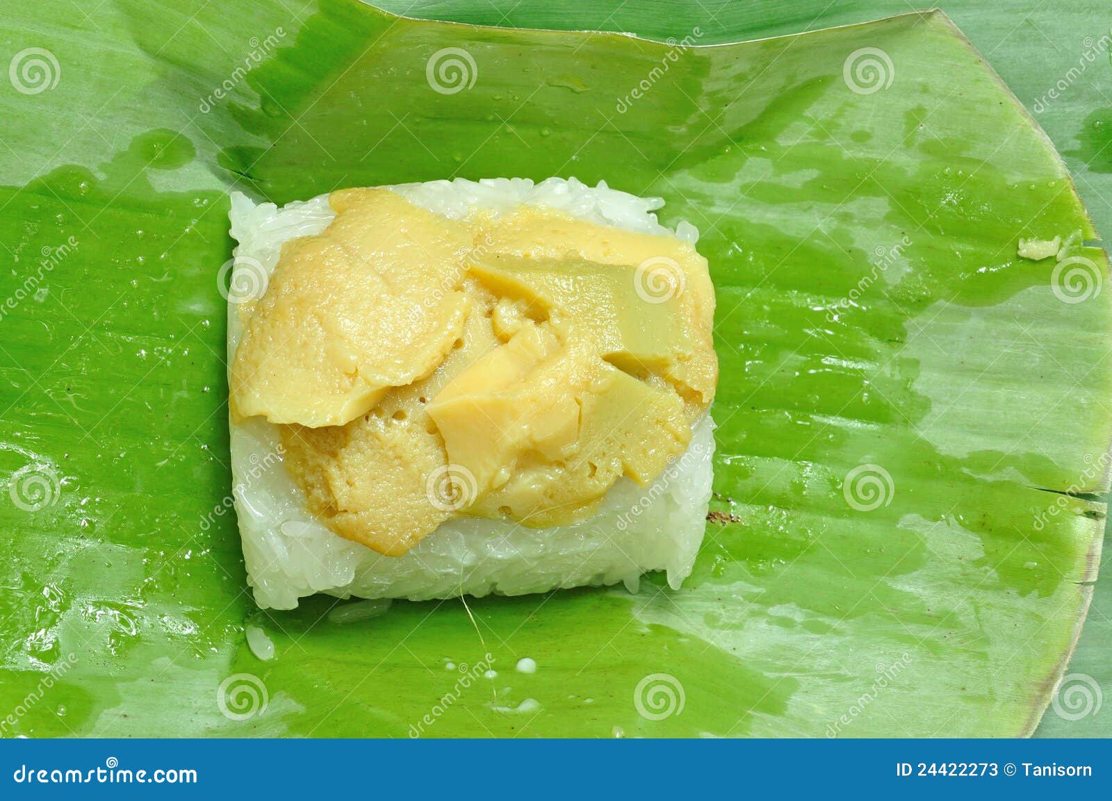 Custard Topped Sticky Rice in Banana Leave Stock Image - Image of color ...