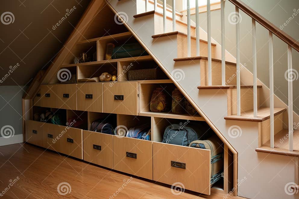 Custom-built Storage Cabinets Under Stairs Stock Photo - Image of ...