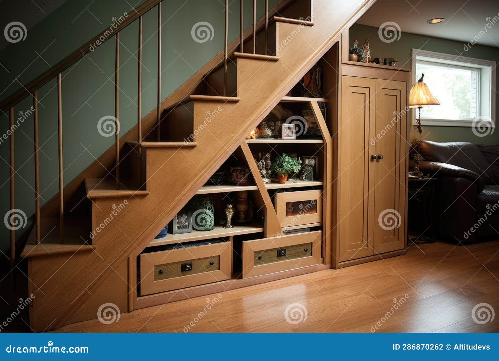 Custom-built Storage Cabinets Under Stairs Stock Illustration ...