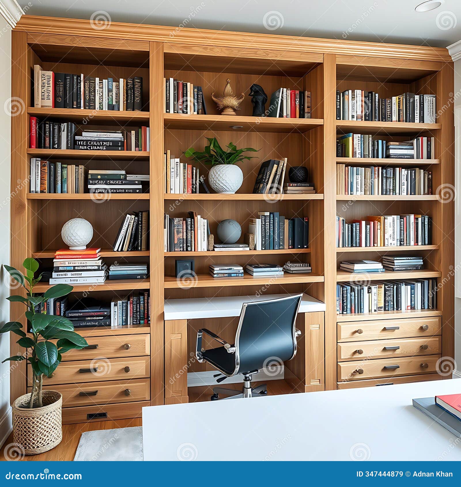 Custom Built Wooden Shelving Unit in a Home Office Featuring a Mix of ...