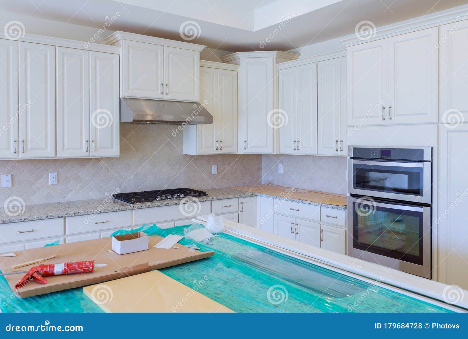 Custom Kitchen Cabinets of Installation Base for Island in Center Stock ...