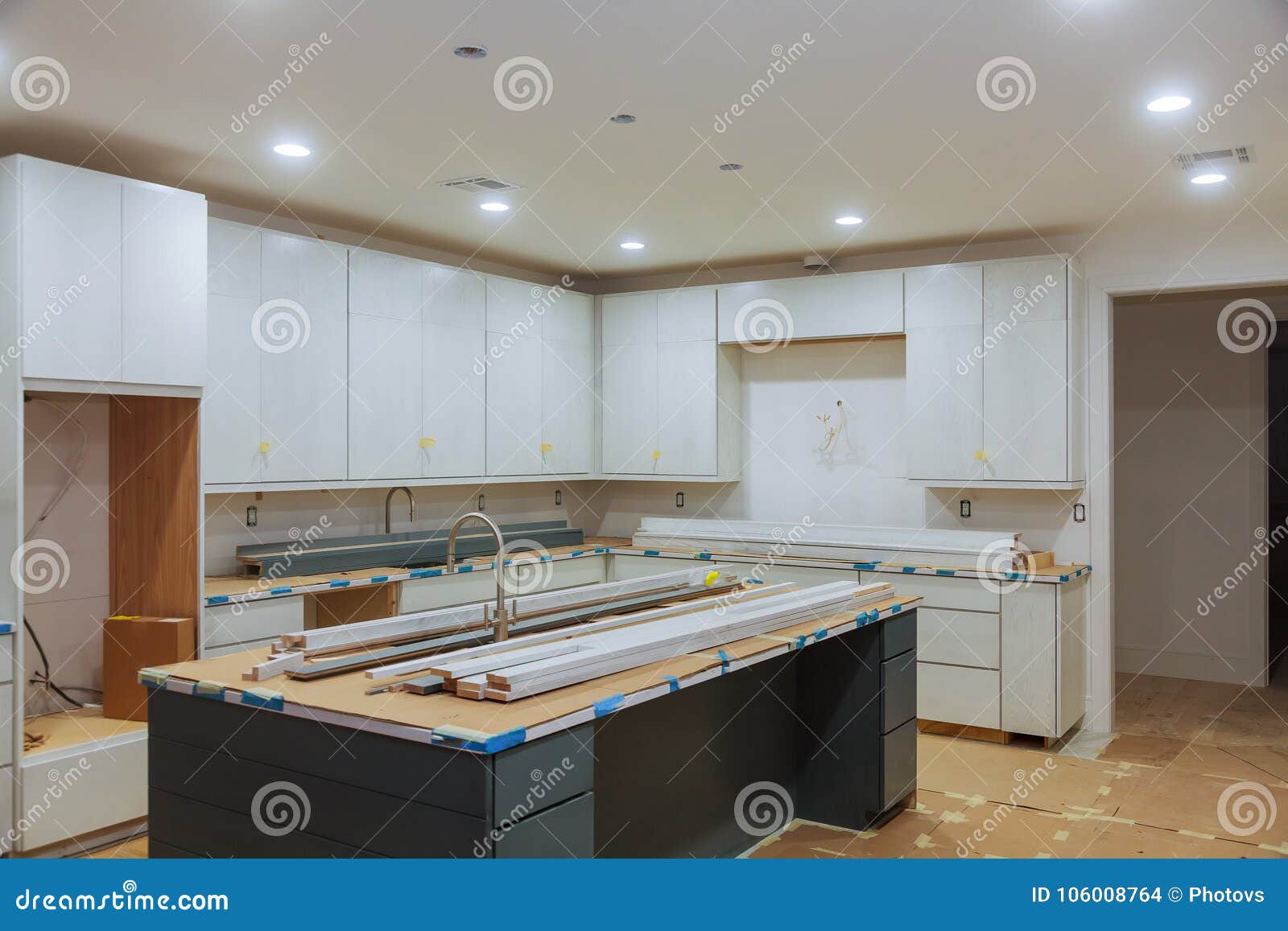 Custom Kitchen Cabinets in Various Stages of Installation Stock Photo ...