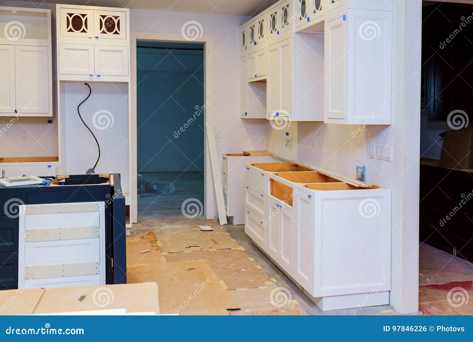 Custom Kitchen Cabinets in Various Stages of Installation Base for ...