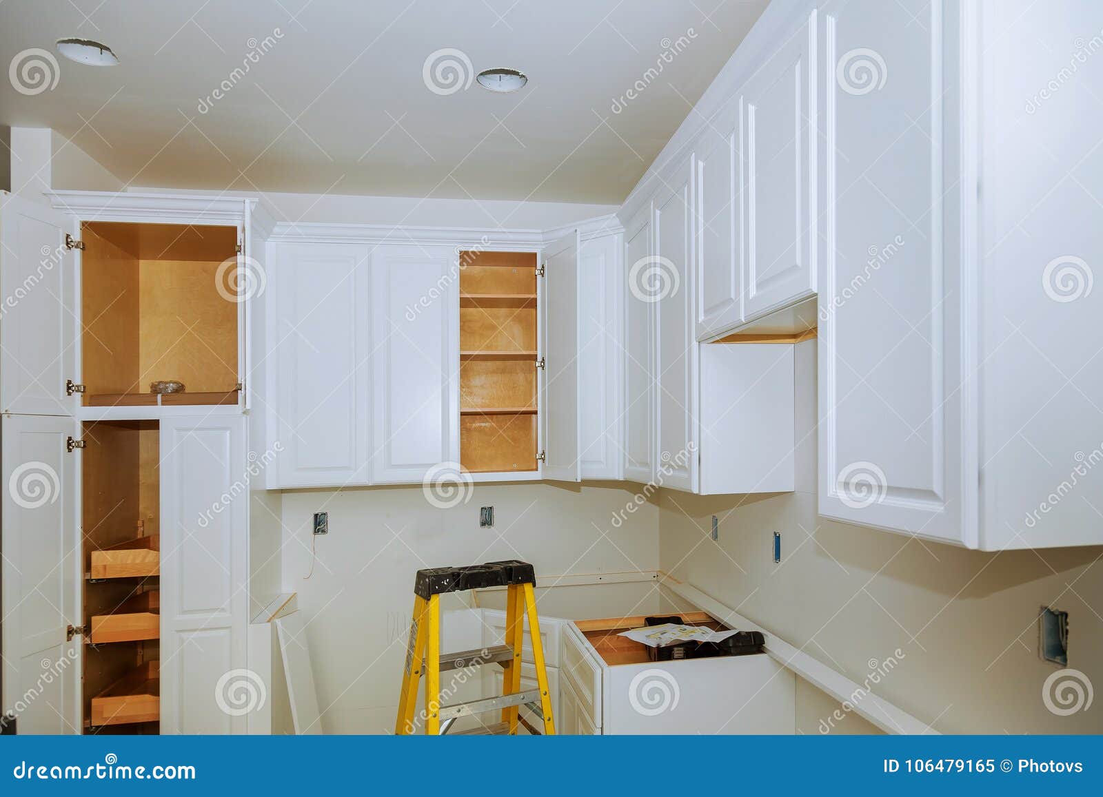 Custom Kitchen Cabinets of Installation Base for Island in Center Stock ...