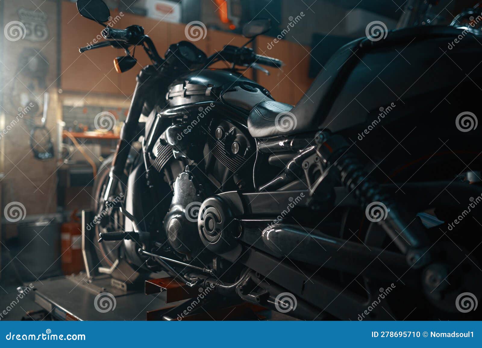 Custom Motorcycle in Authentic Creative Workshop with Flare Light ...