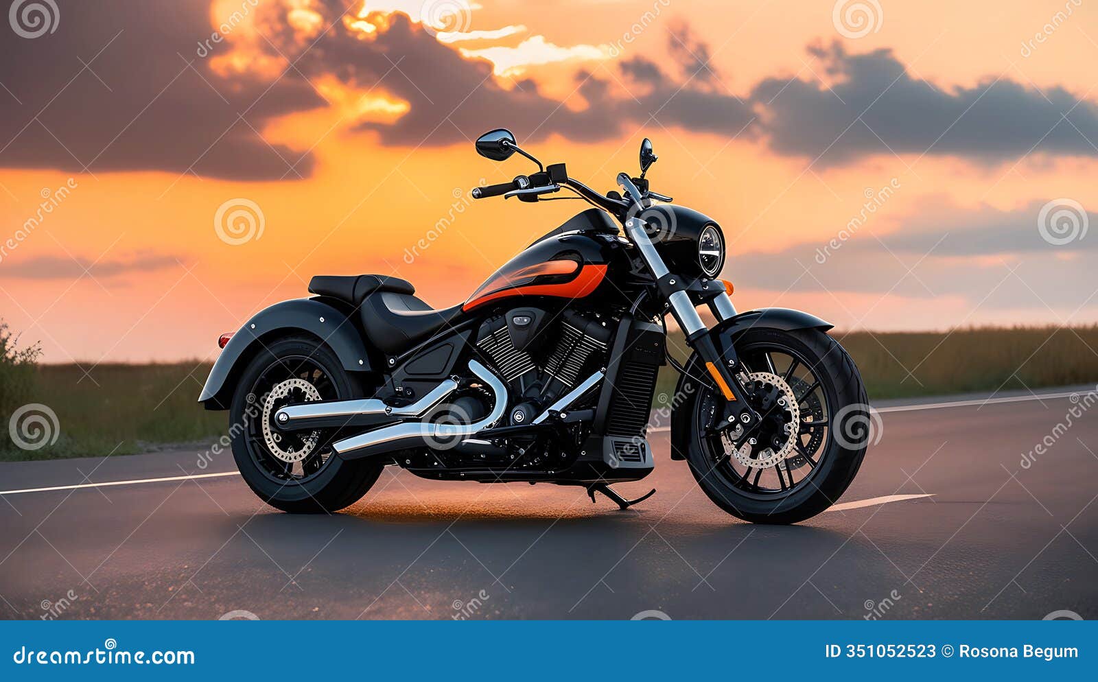 A Custom Motorcycle at Sunset on a Highway Stock Illustration ...