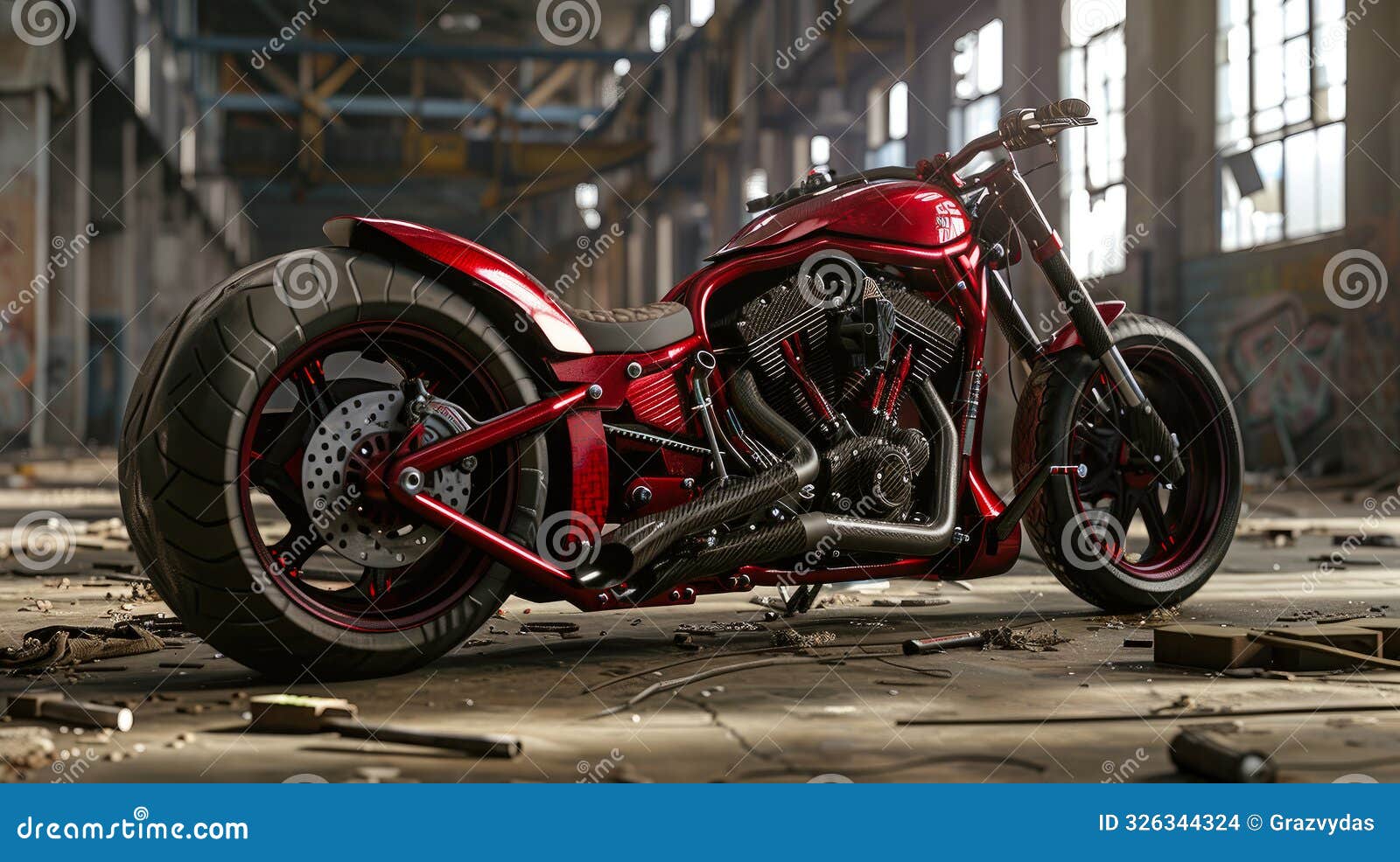 Custom Red Chopper Motorcycle Standing in an Abandoned Creative ...