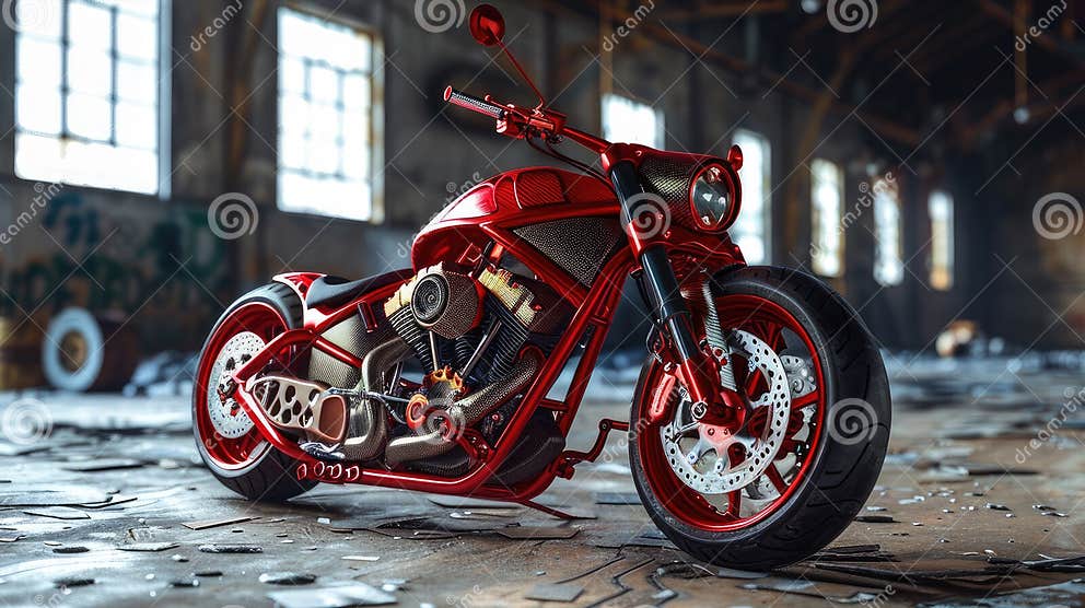 Custom Red Motorcycle at Abandoned Creative Workshop Stock Illustration ...