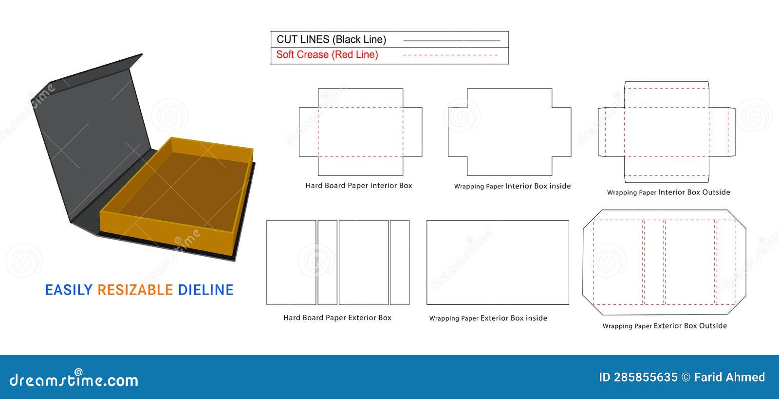 Custom Luxury Rigid Box, Magnetic Rigid Boxes Dieline Template Cartoon ...