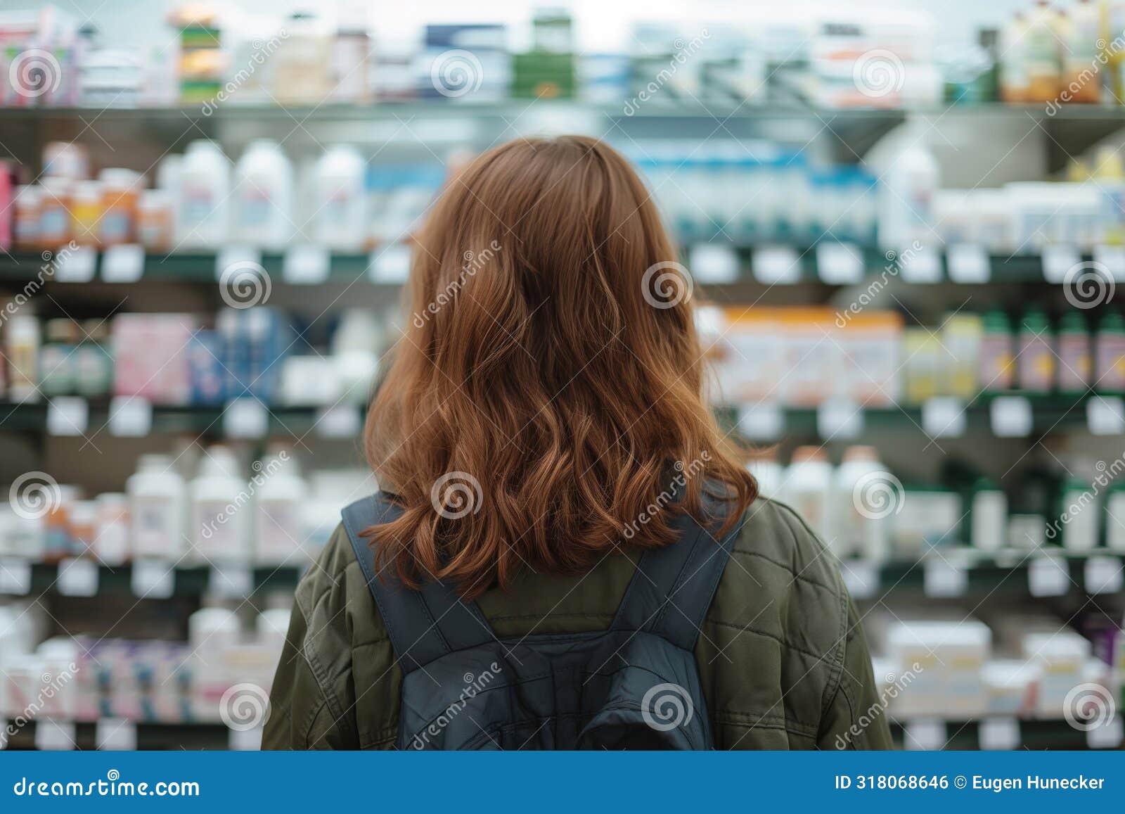 Customer with Backpack Browsing Shelves in Pharmacy Stock Illustration ...