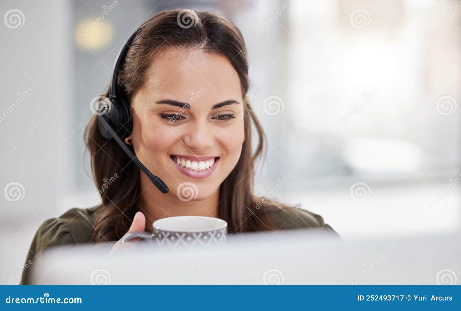 Customer Care is What Shes Good at. a Young Call Centre Agent Drinking ...