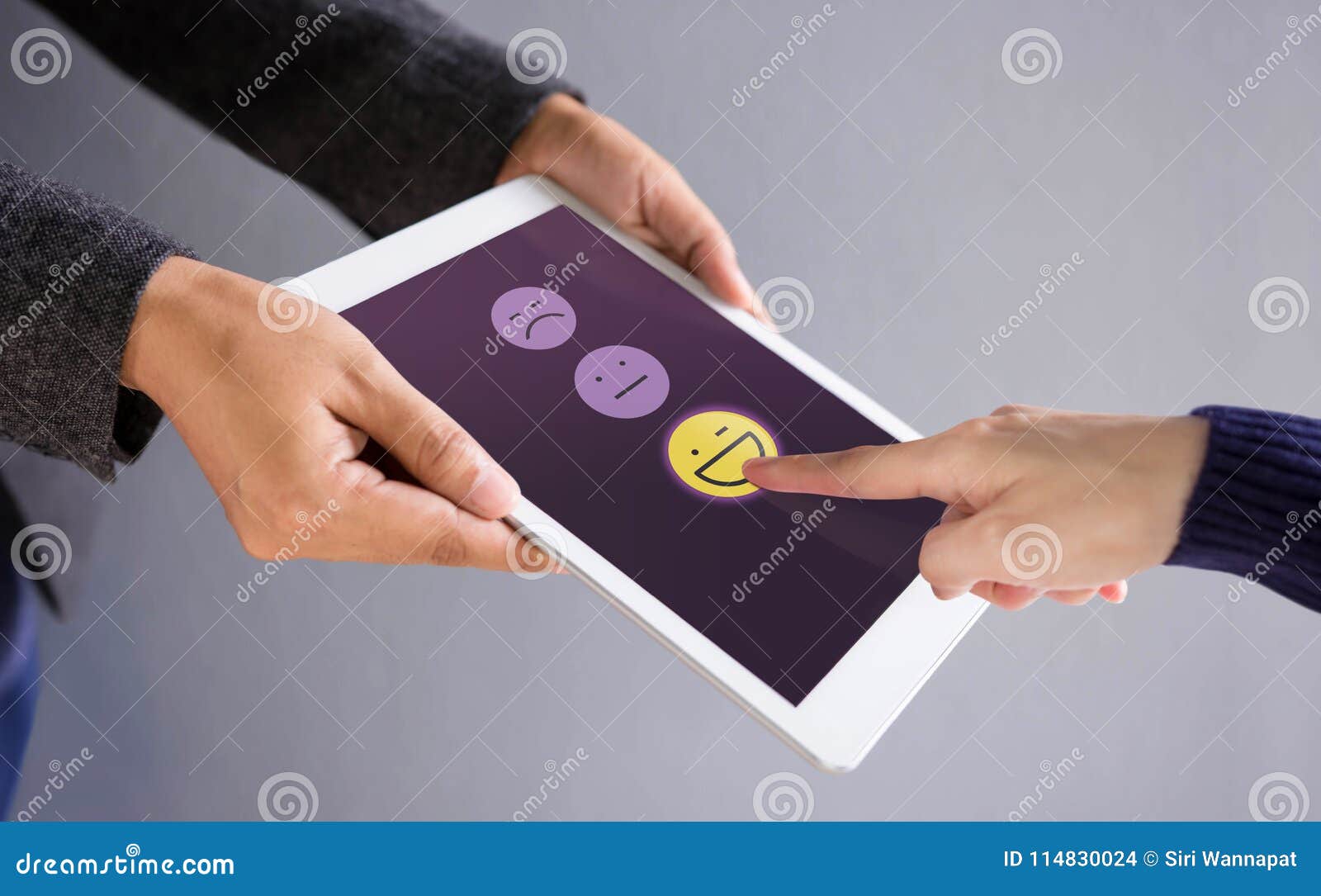 Customer Experience Concept. Happy Client Pressing a Smiley Face Stock ...