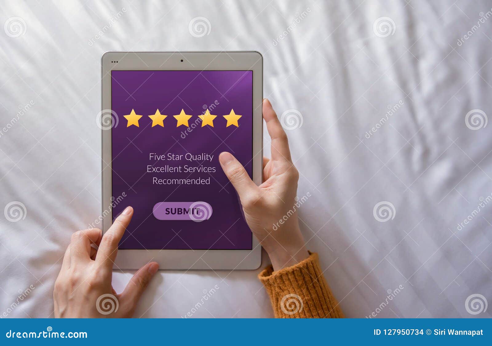 Customer Experience Concept. Happy Client Using Tablet on Bed To Stock ...