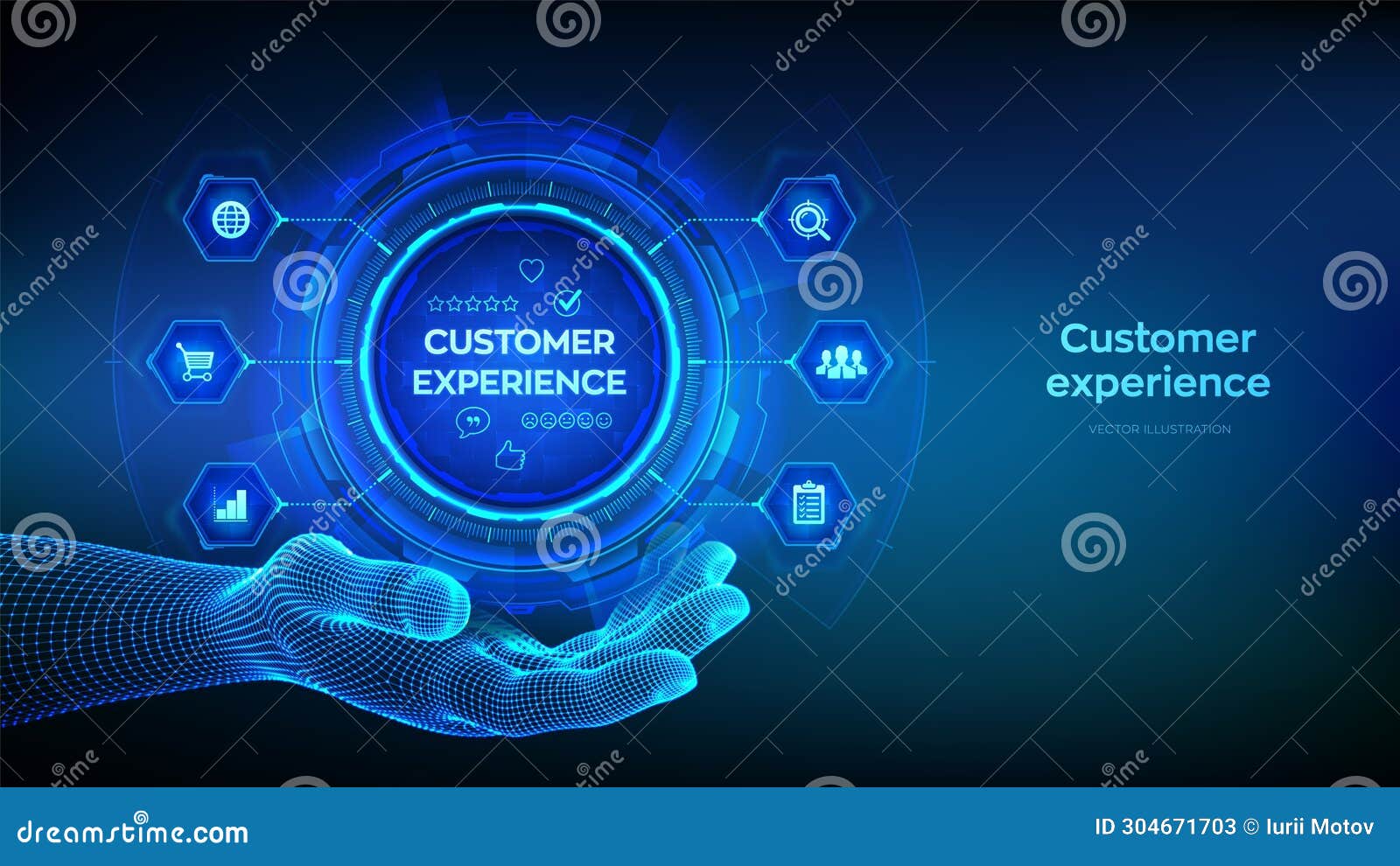 Customer Experience Technology Concept in Wireframe Hand. Customer ...