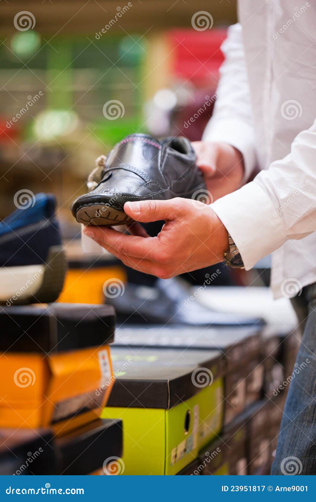 Customer Holding Stylish Shoe at Supermarket Stock Image - Image of ...