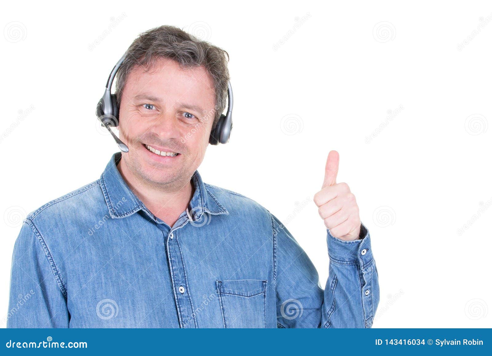 Customer Man Support Operator with a Headset Thulbs Up on White ...