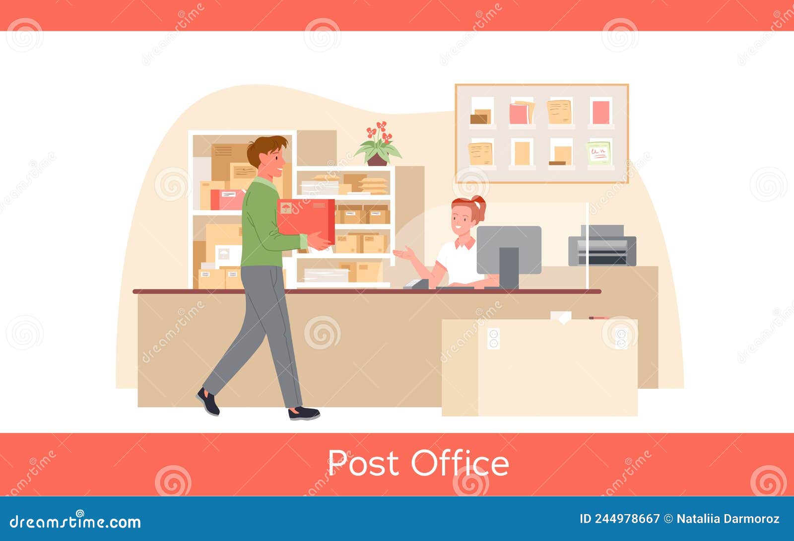 Customer Returning Box At Post Office, Man Holding Parcel, Operator ...