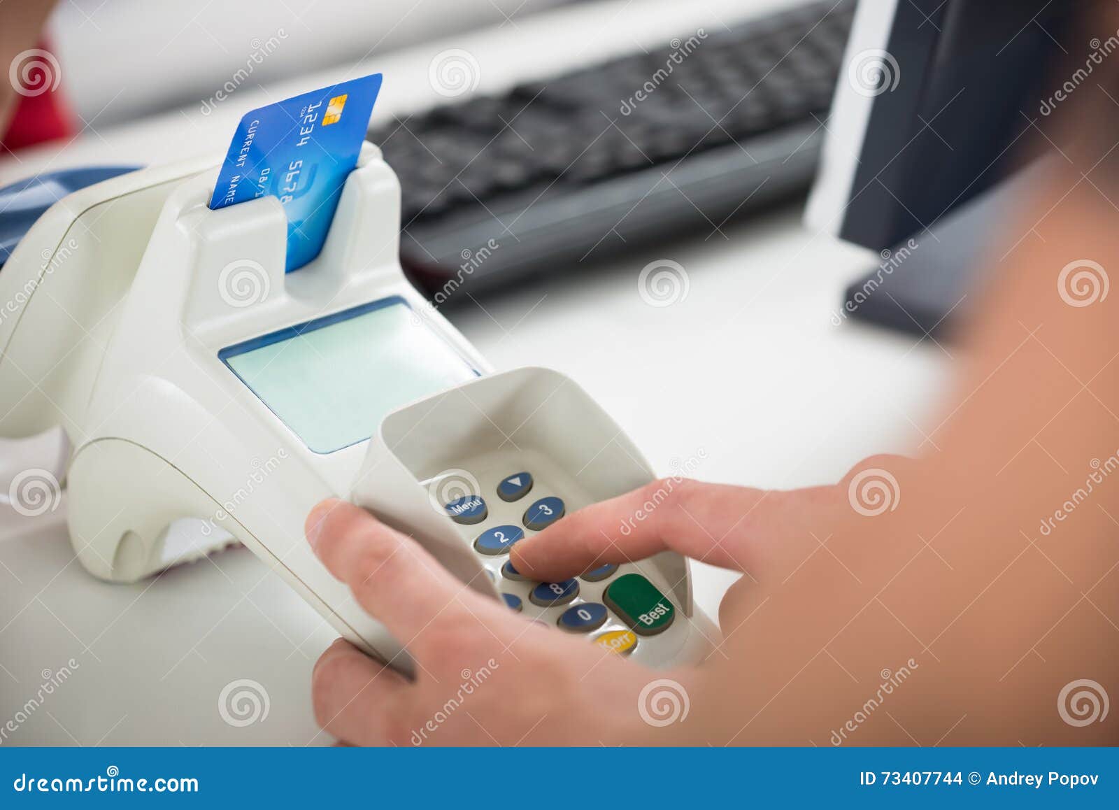 Customer S Hand Entering Pin Code on Card Reader Stock Photo - Image of ...