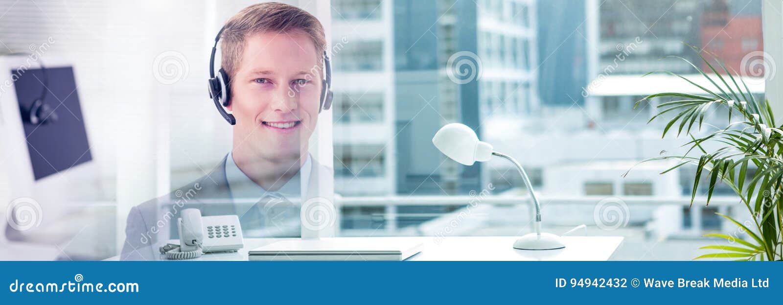 Customer Service Assistant with Headsets with Bright Office Background ...