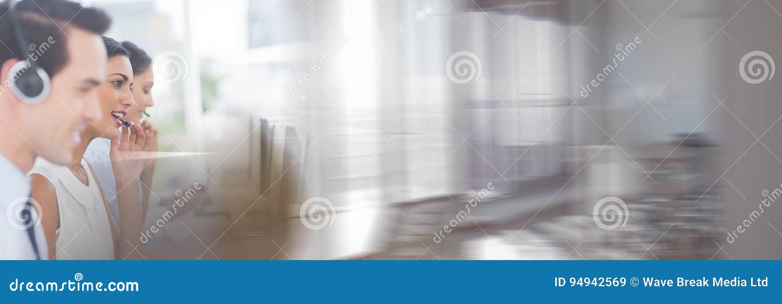 Customer Service Assistants with Headsets with Bright Office Background ...