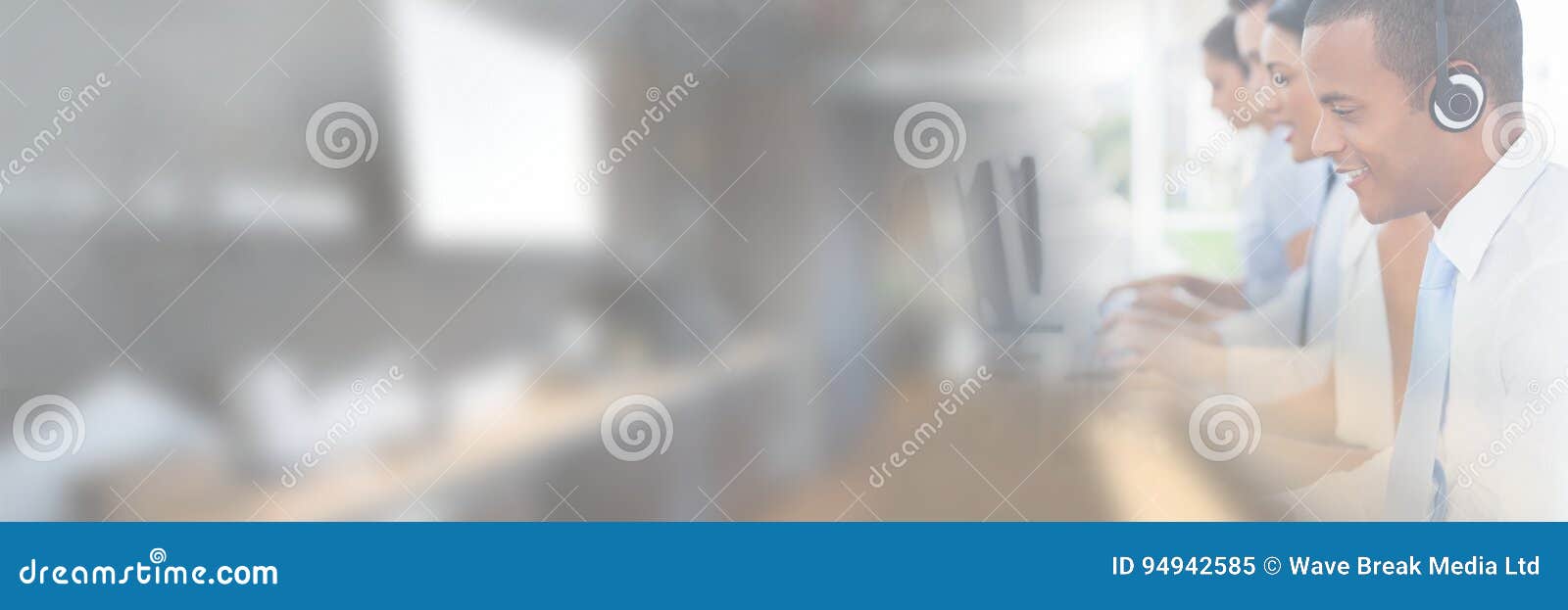 Customer Service Assistants with Headsets with Bright Office Background ...