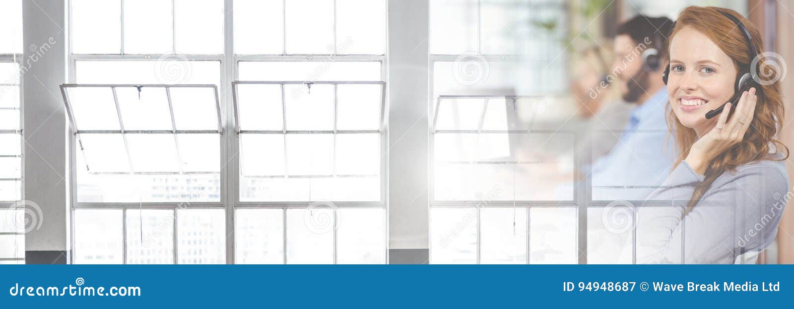 Customer Service Assistants with Headsets with Bright Windows ...