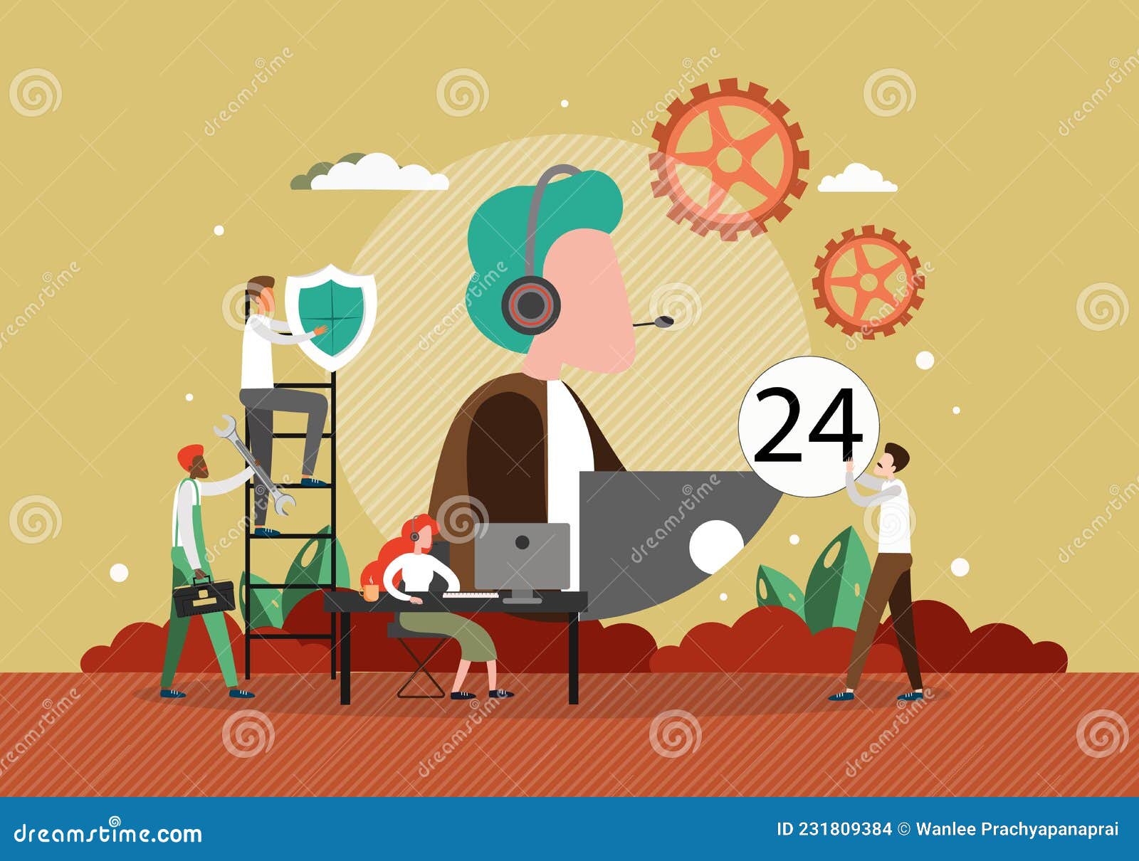 24-7 Customer Service. Call Center Operator Wearing Headset, Vector ...