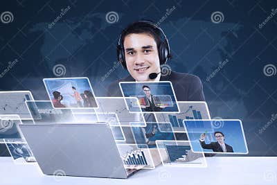 Customer Service with Internet Online on Blue Stock Image - Image of ...