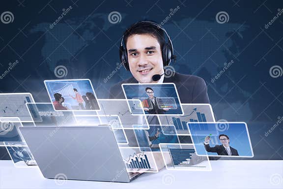 Customer Service with Internet Online on Blue Stock Image - Image of ...