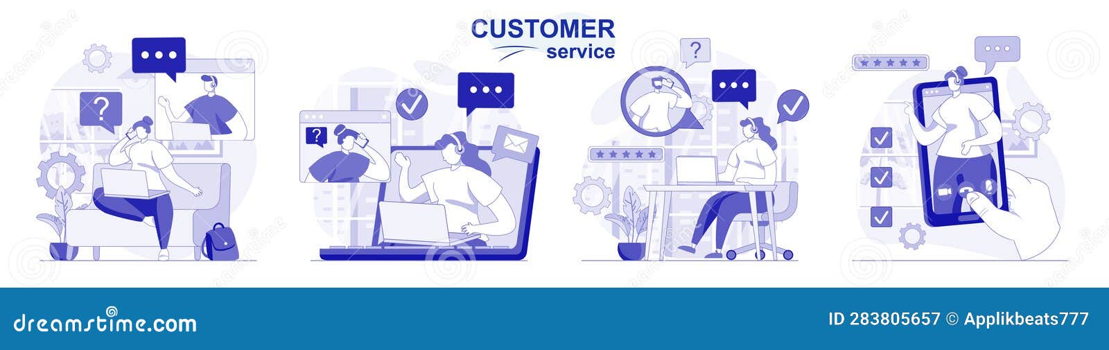 Customer Service Isolated Set in Flat Design. People Advice and Support, Operator Call Center ...