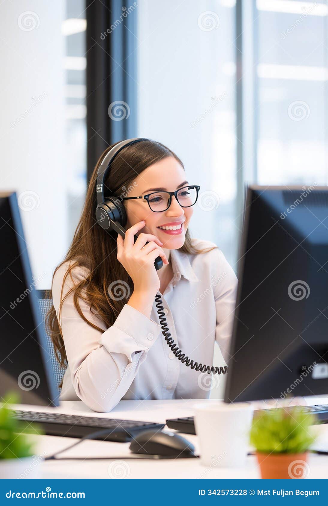 Customer Service Operator Talking on Phone in Office Providing Support ...