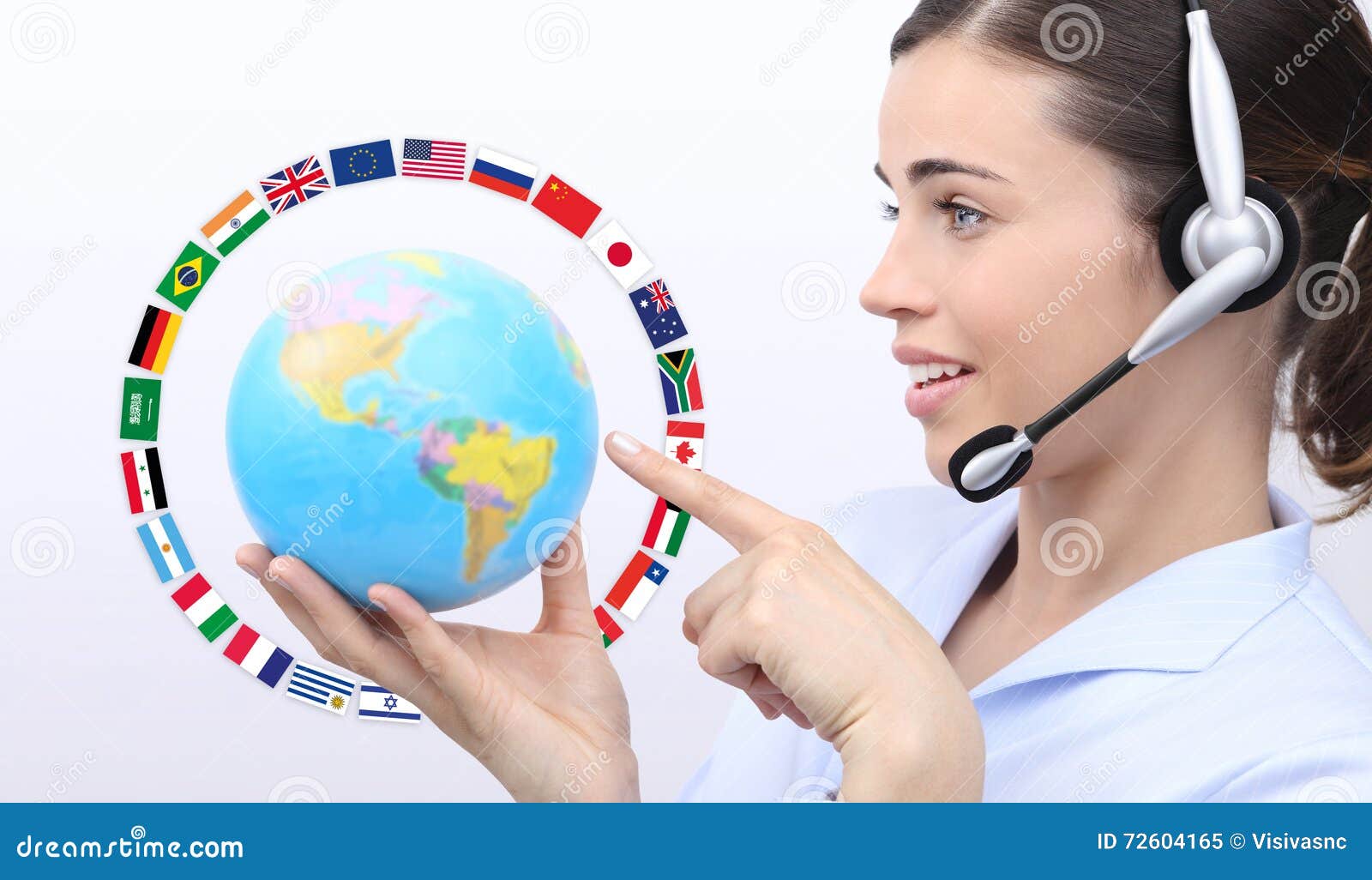 Customer Service Operator Woman with Headset Pointing Her Finger Stock ...