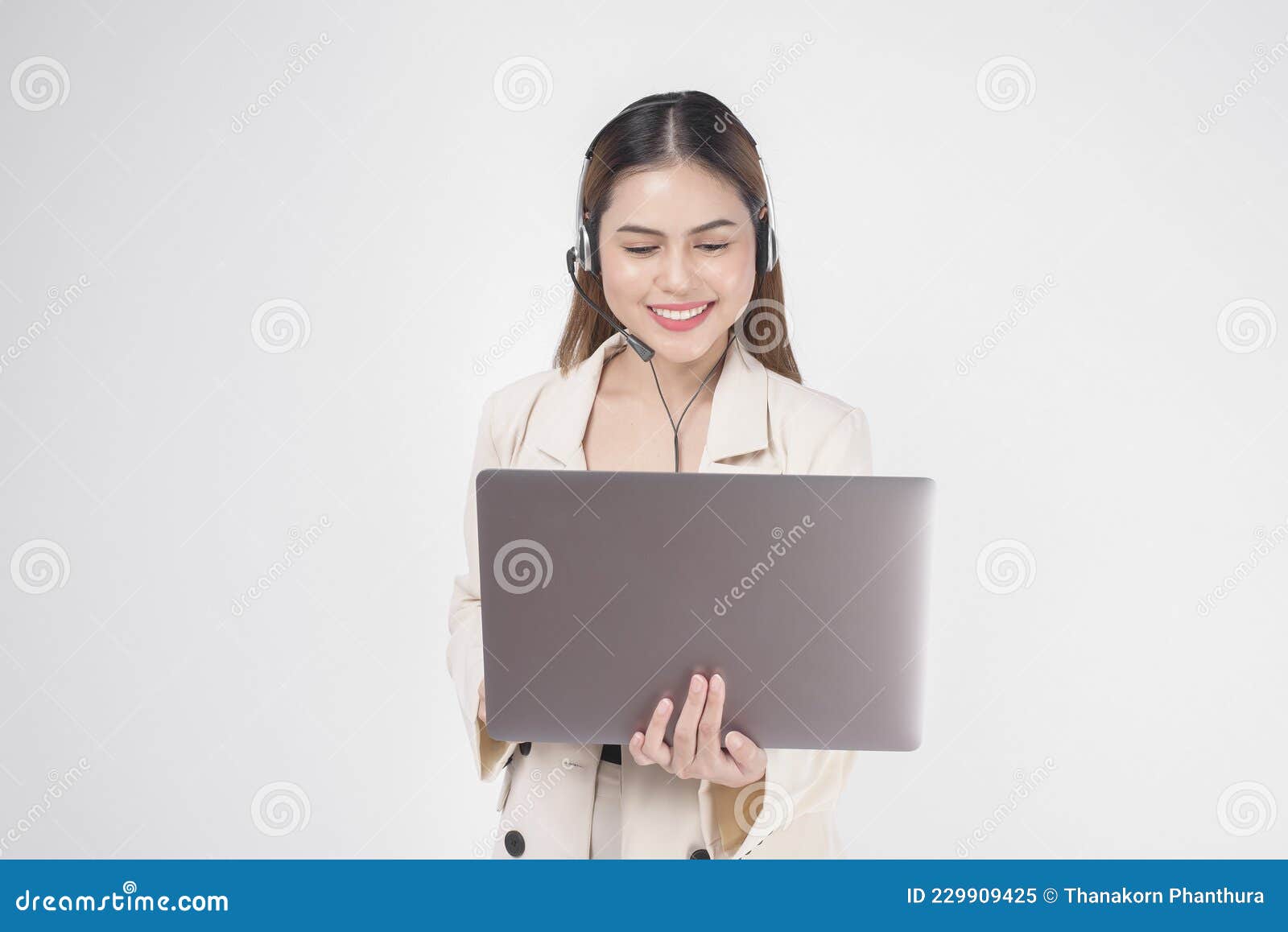 Customer Service Operator Woman in Suit Wearing Headset Over White ...