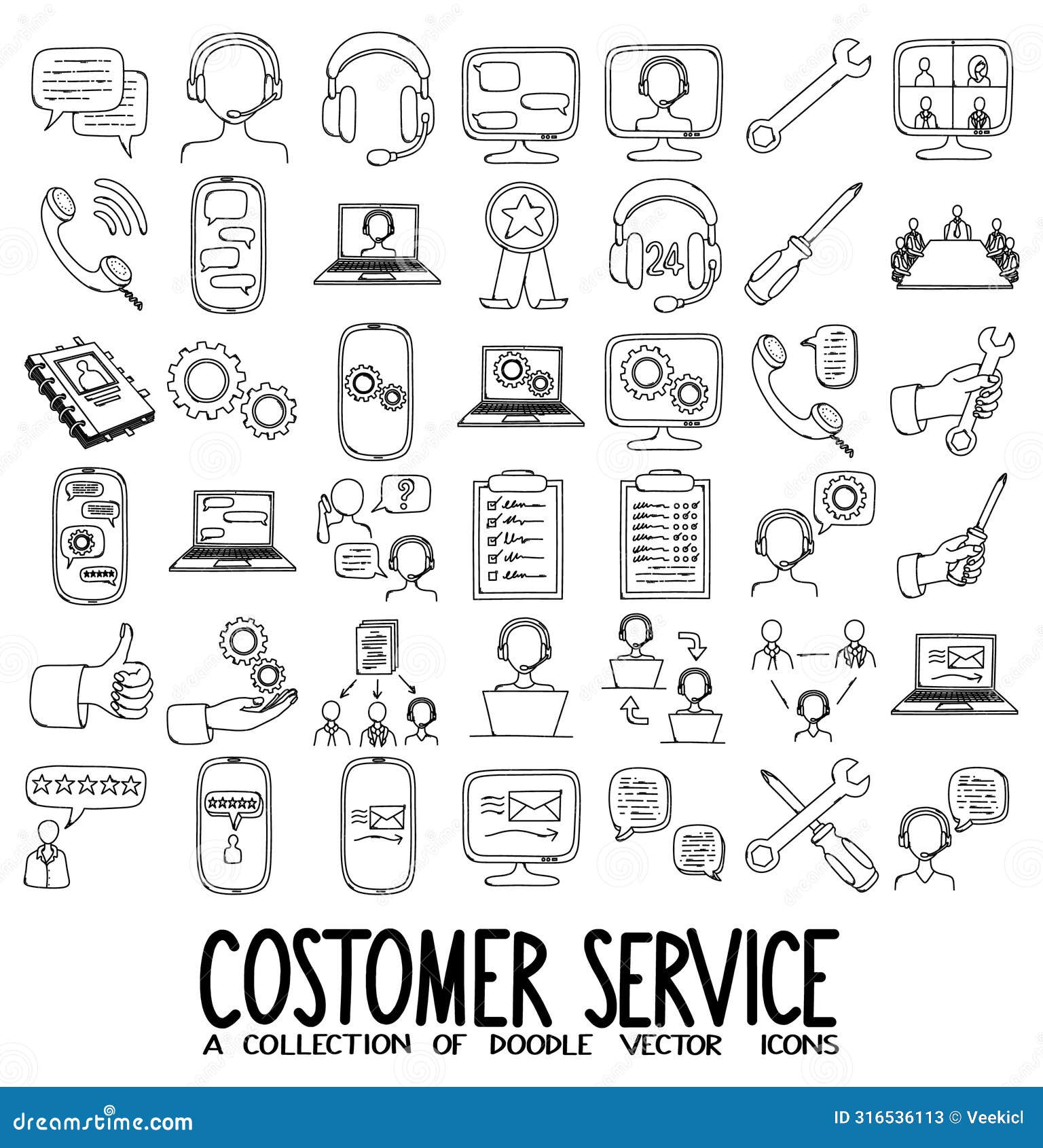 Customer Service Related Doodle Vector Icon Set. Drawing Sketch ...