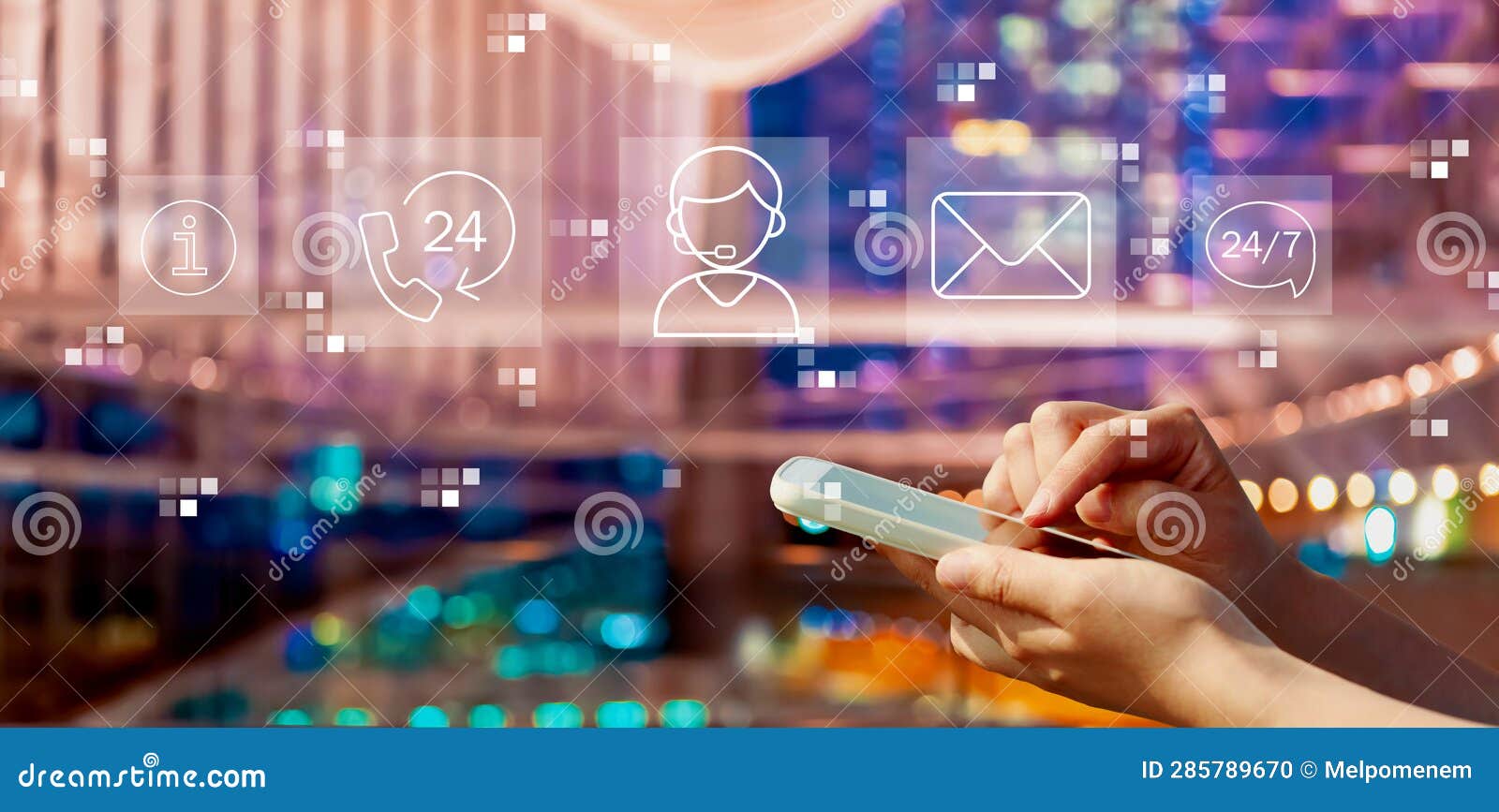 Customer Service Theme with Person Using a Smartphone in City at Night ...