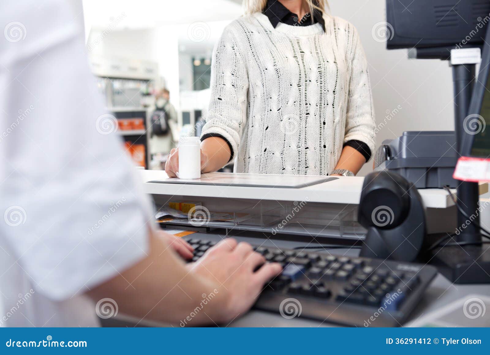 Customer Standing at Checkout Counter Stock Photo - Image of antibiotic ...
