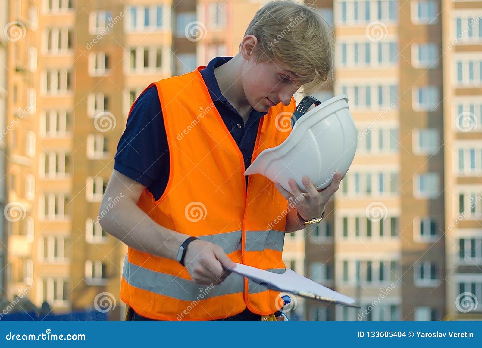 Customer in Stress and Constructor Foreman Worker with Helmet and Vest ...